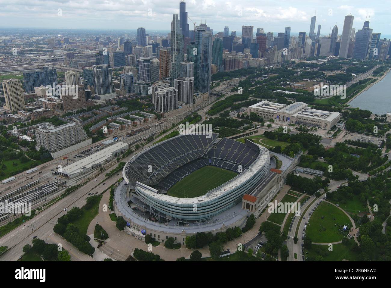A general overall aerial view of Soldier Field and downtown skyline ...