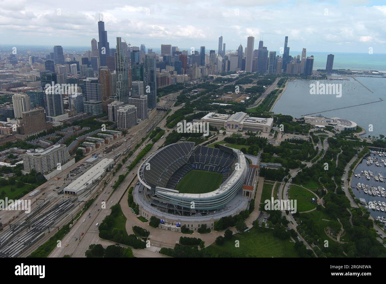 A general overall aerial view of Soldier Field and downtown skyline ...
