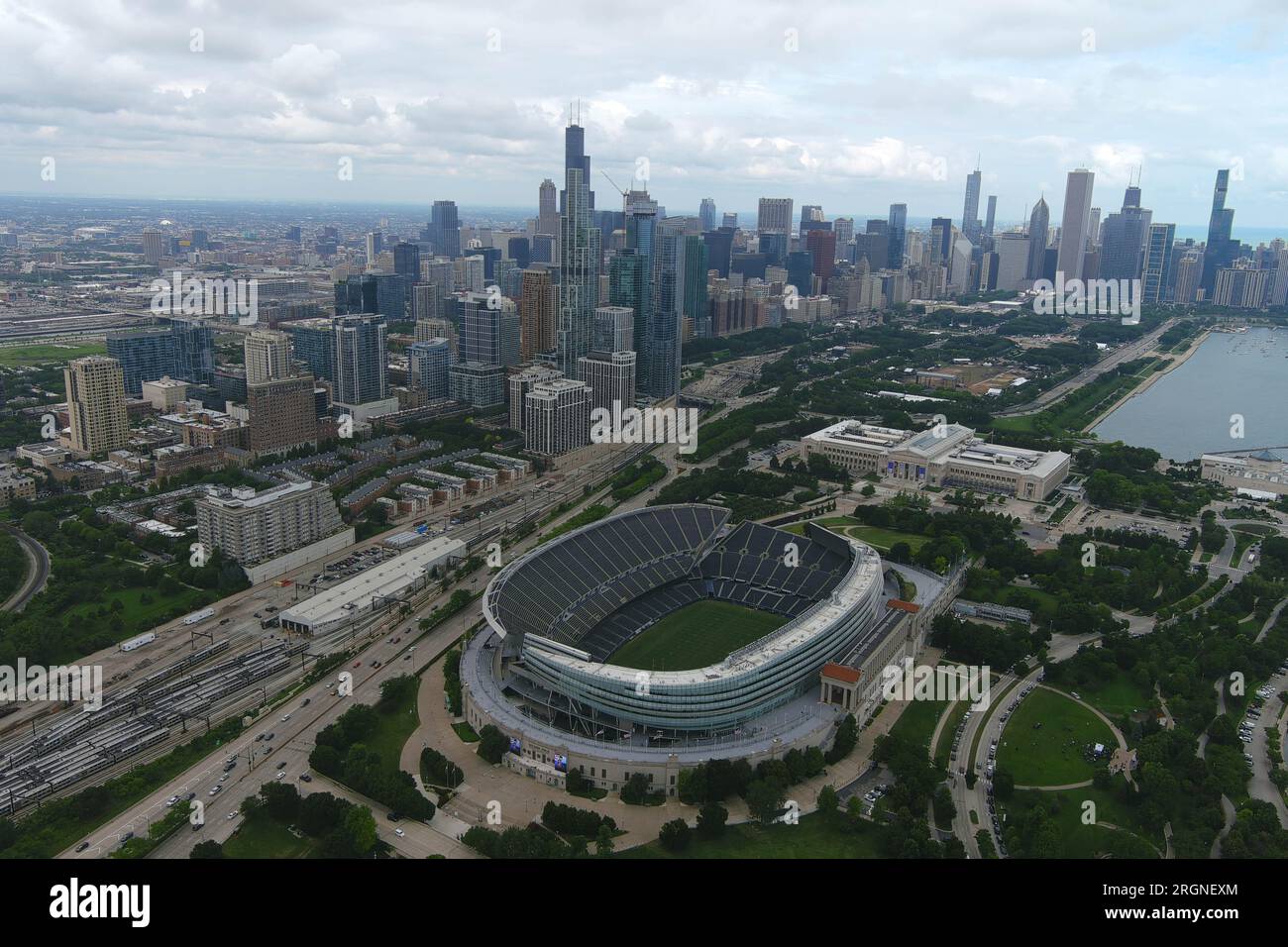A general overall aerial view of Soldier Field and downtown skyline ...