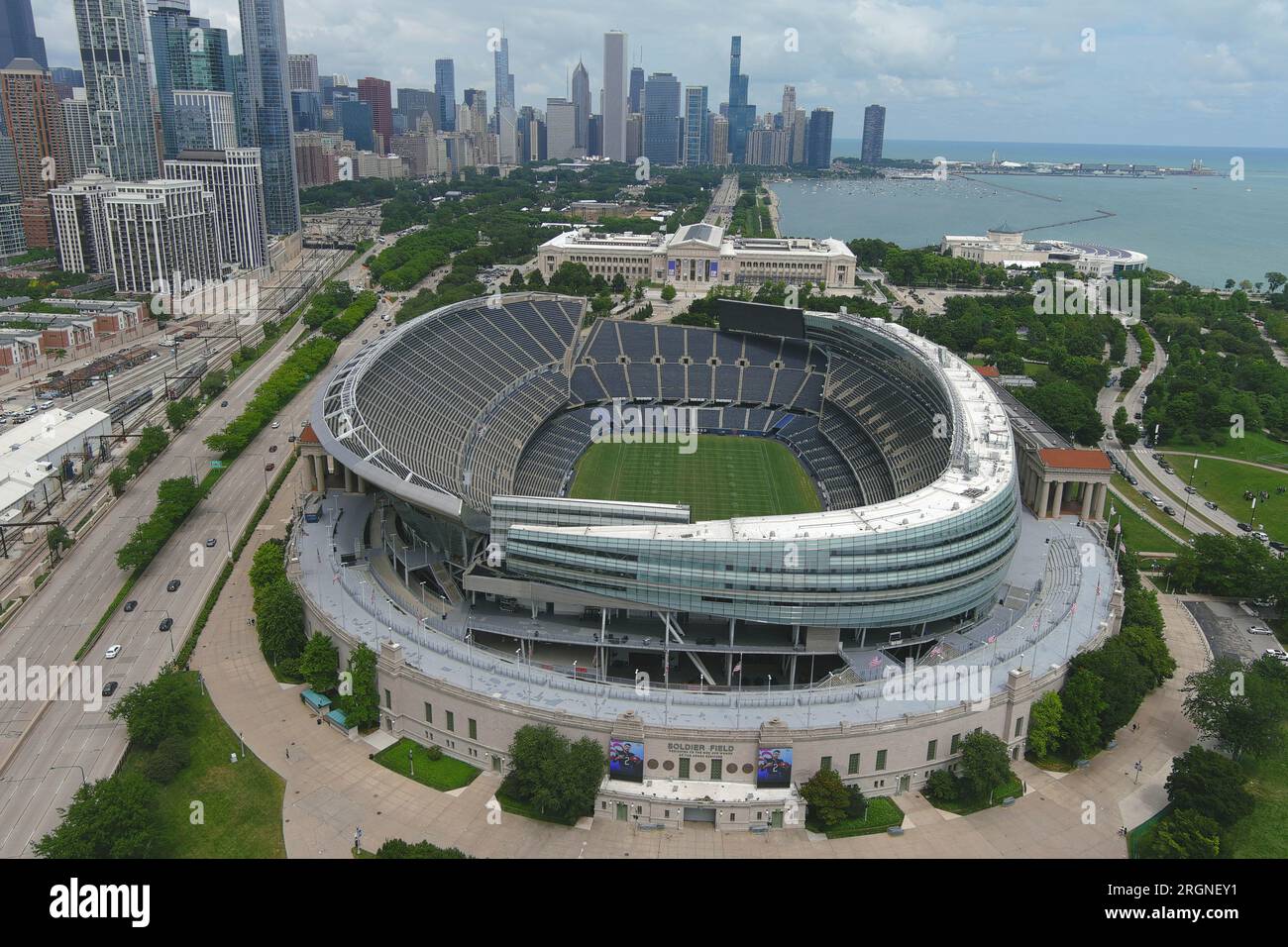 A general overall aerial view of Soldier Field and downtown skyline ...
