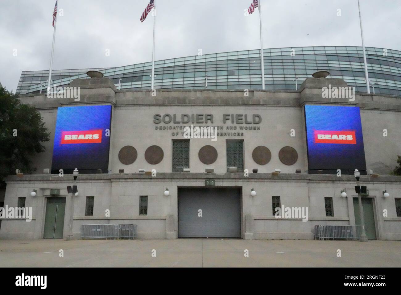 A general overall view of the Chicago Bears logo on video board on the ...