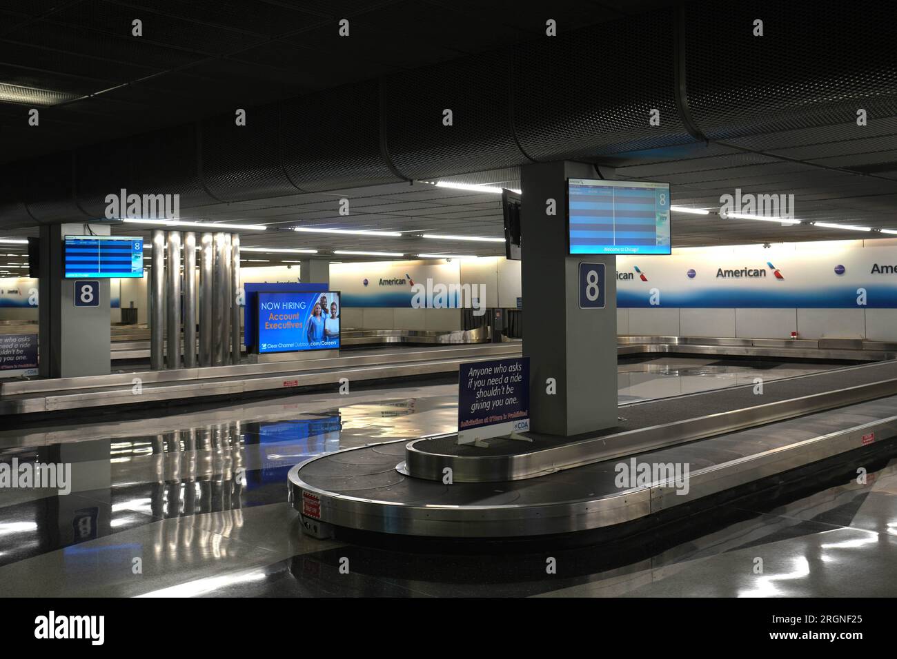 An empty American Airlines baggage carousel at O'Hare International Airport, Monday, Aug 7, 2023 ...