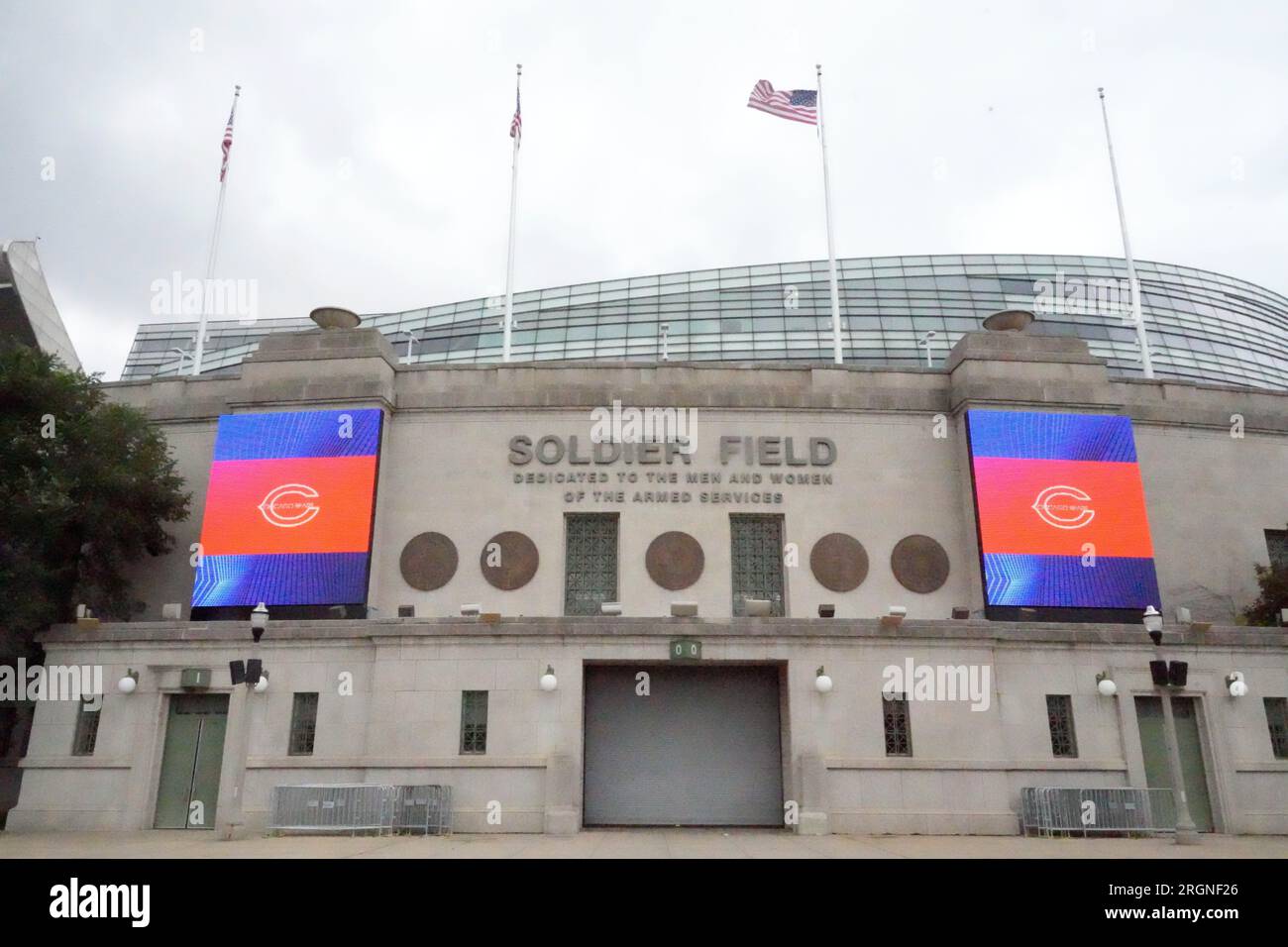 A general overall view of the Chicago Bears logo on video board on the ...