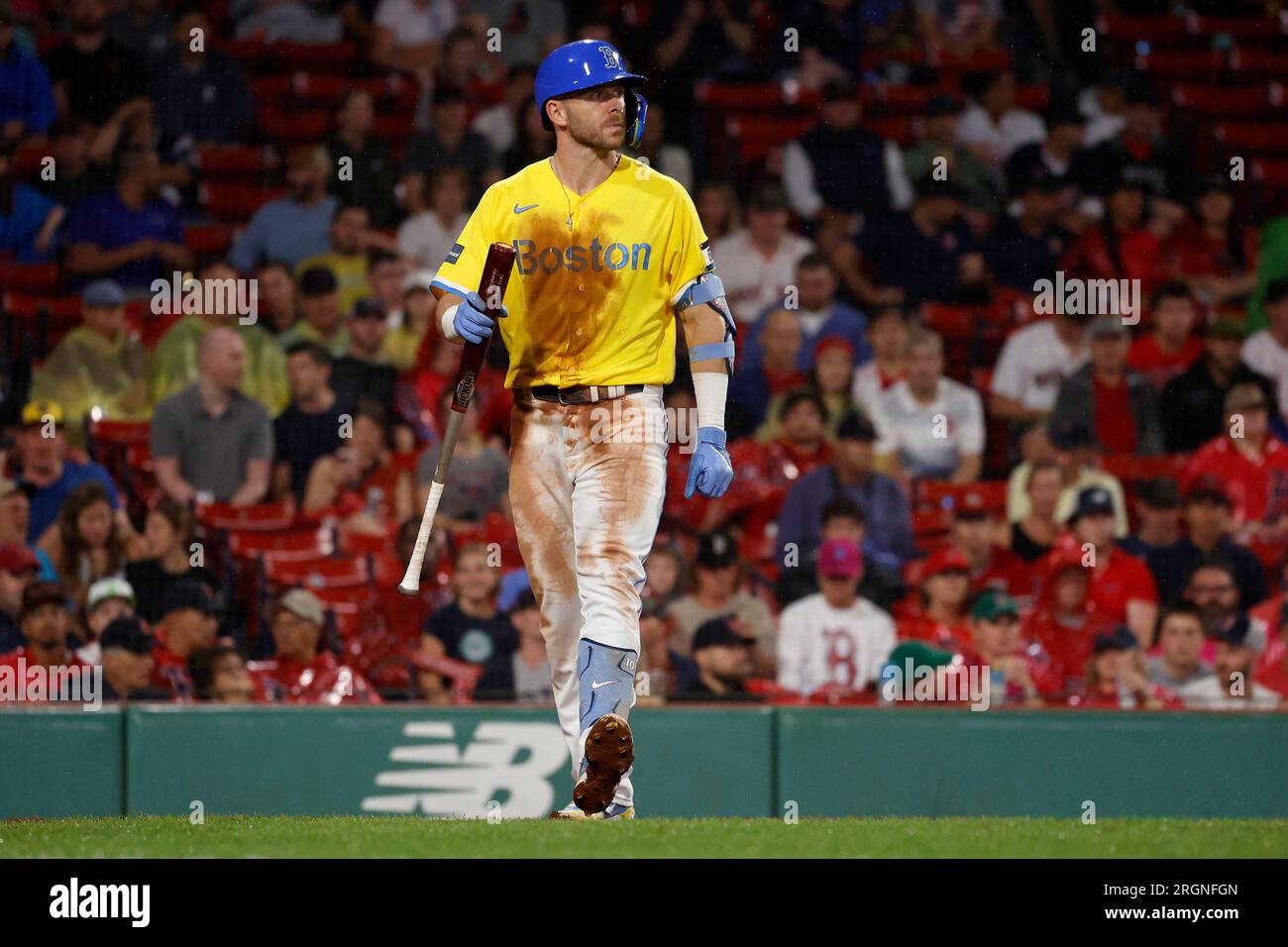 Boston Red Sox batter Trevor Story reacts after striking out during the ...
