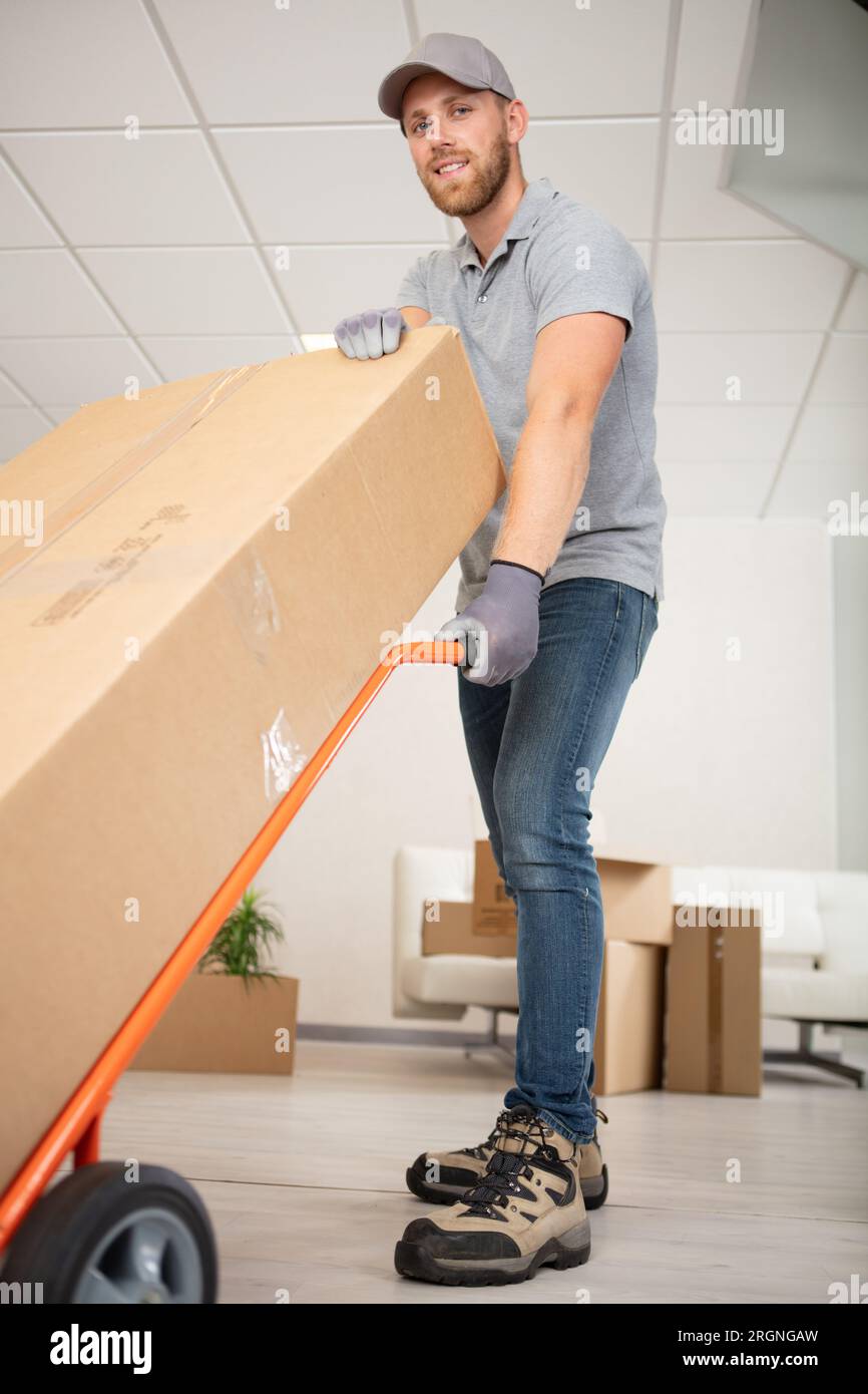 worker pushing trolley with boxes in warehouse Stock Photo - Alamy