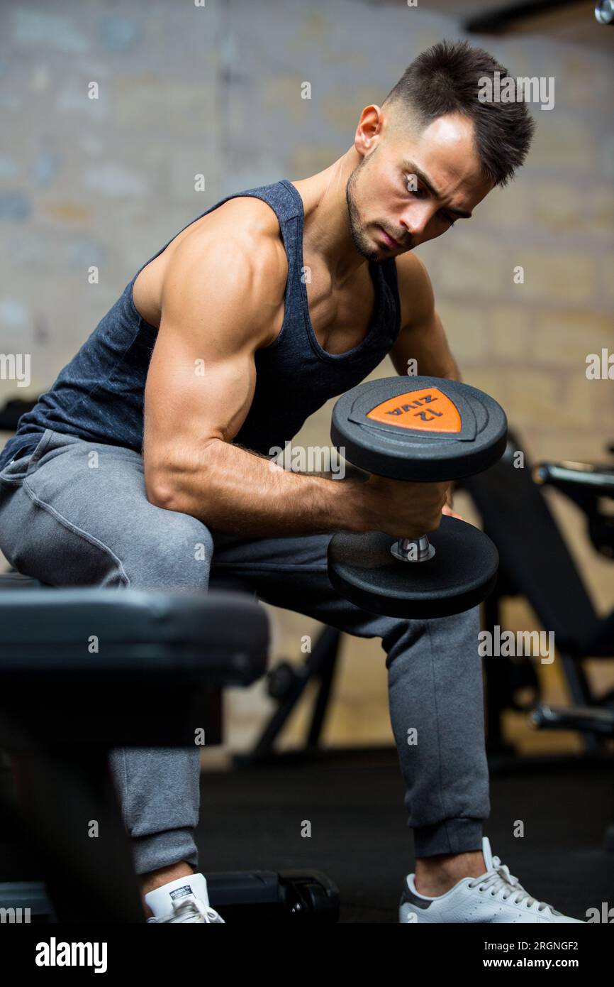 concentrated sporty guy during workout in gym with dumbbells Stock ...