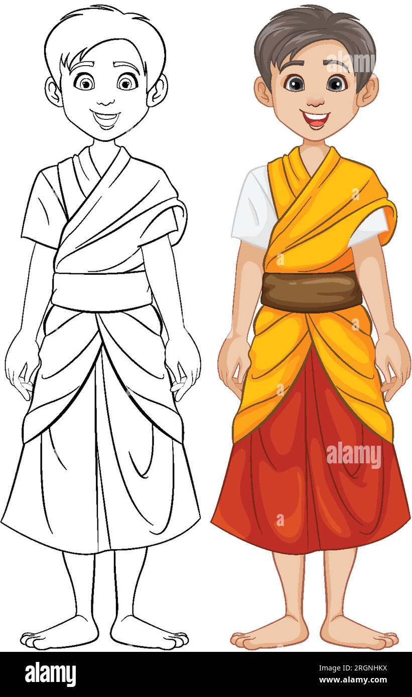 Colorful cartoon characters depict Southeast Asian men in traditional ...