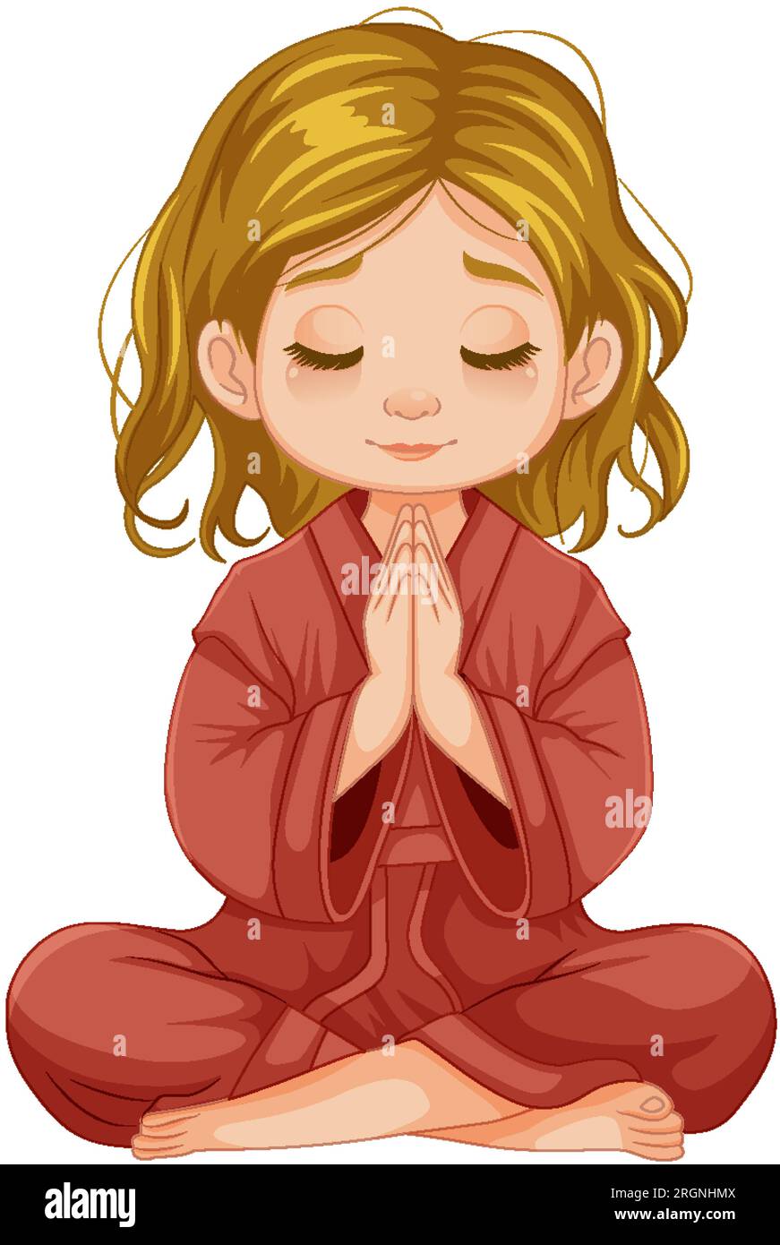 A young girl sits in a meditative pose, her hands clasped in prayer ...