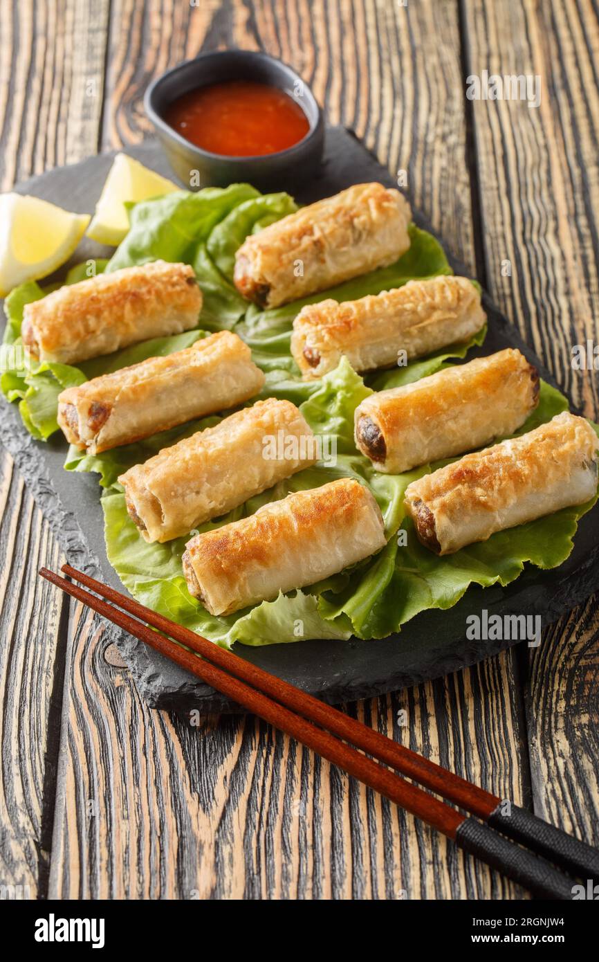 Cha Gio Vietnamese Fried Spring Rolls stuffed with chicken closeup on ...