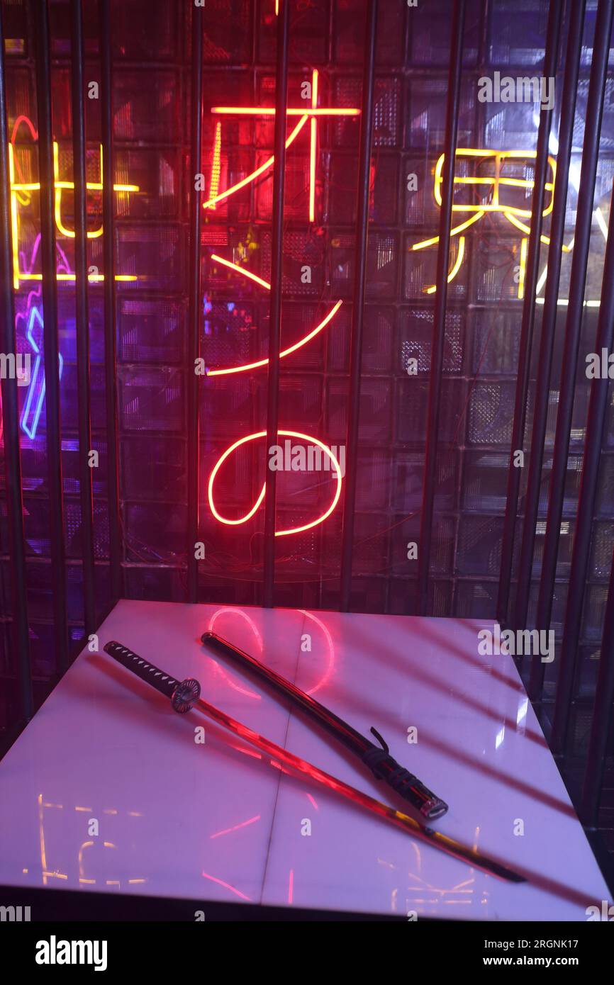 Interior room with neon lighting Stock Photo - Alamy