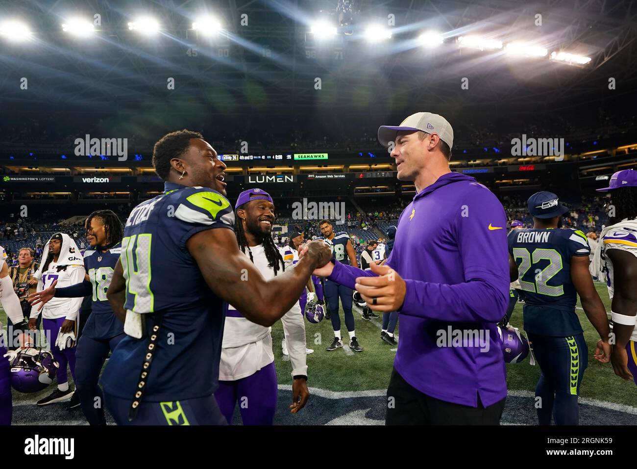 Seattle Seahawks wide receiver DK Metcalf, left, greets Minnesota ...