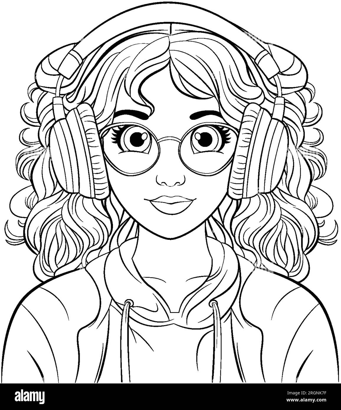 Woman portrait wearing headset listening to music doodle illustration ...