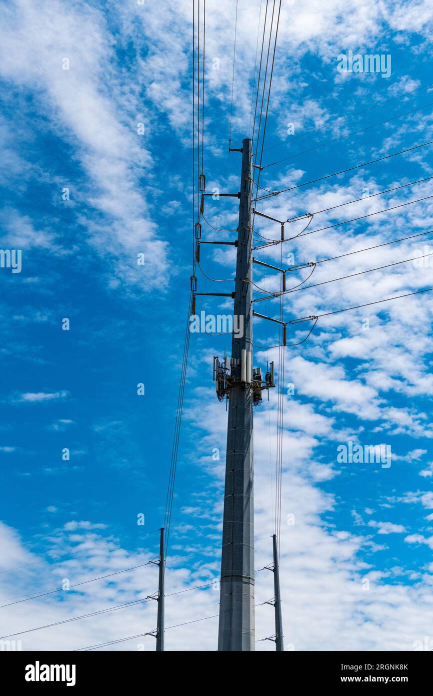 electricity power lines. pylon producing energy. voltage transmission ...