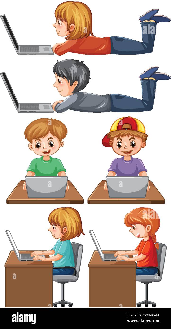 Set of children using laptop illustration Stock Vector Image & Art - Alamy