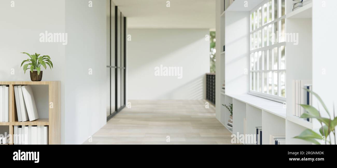 Interior design of a modern corridor with the white wall and low ...