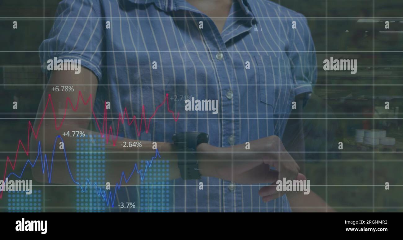 Image of financial graphs over caucasian woman checking smartwatch ...