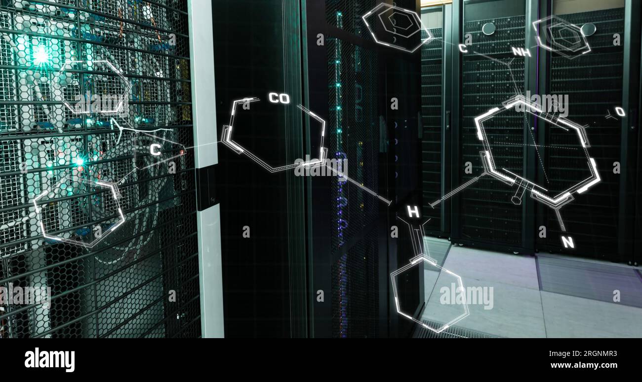 Image of molecule structures over illuminated server racks in server ...