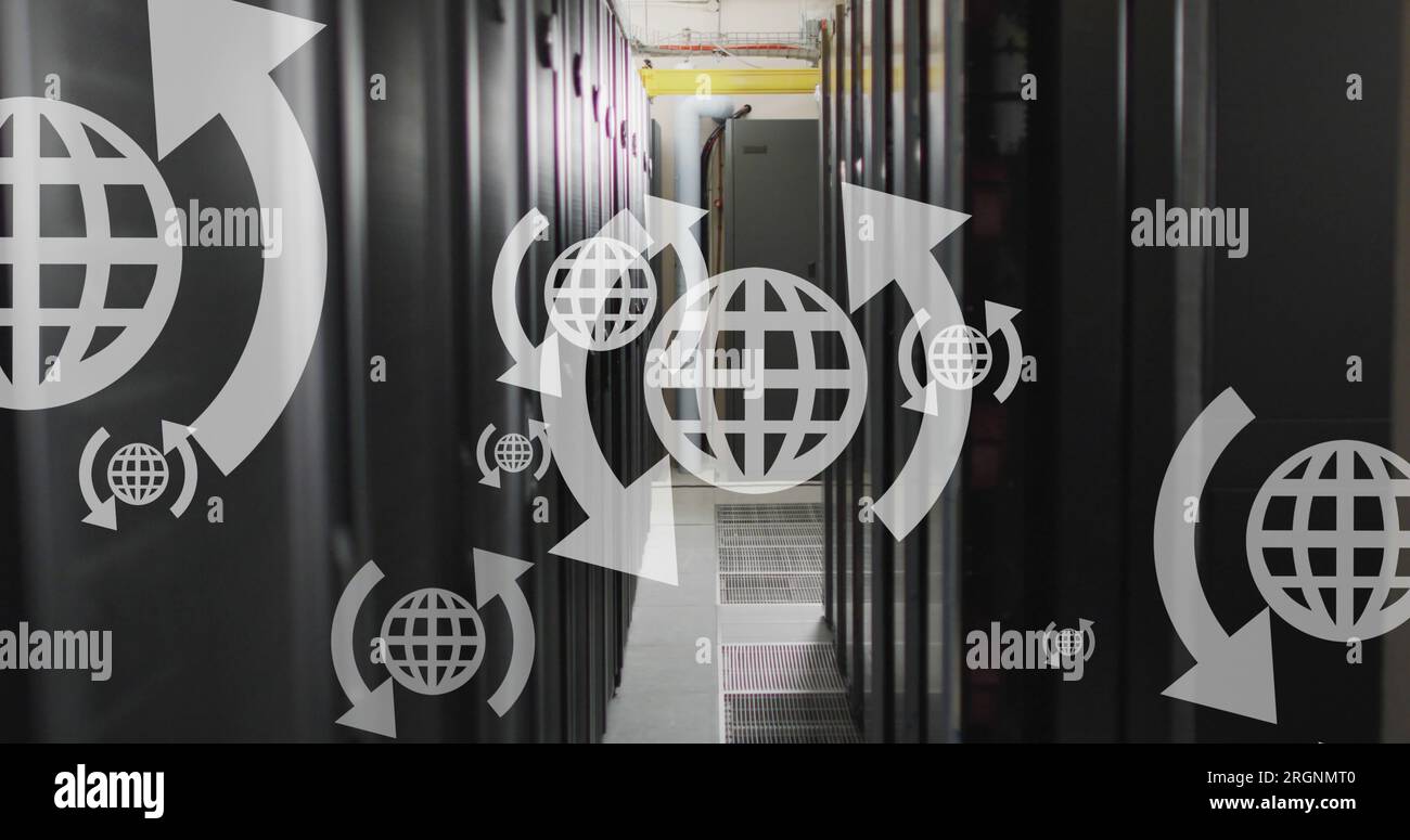 Image of multiple web globe icons floating against computer server room ...
