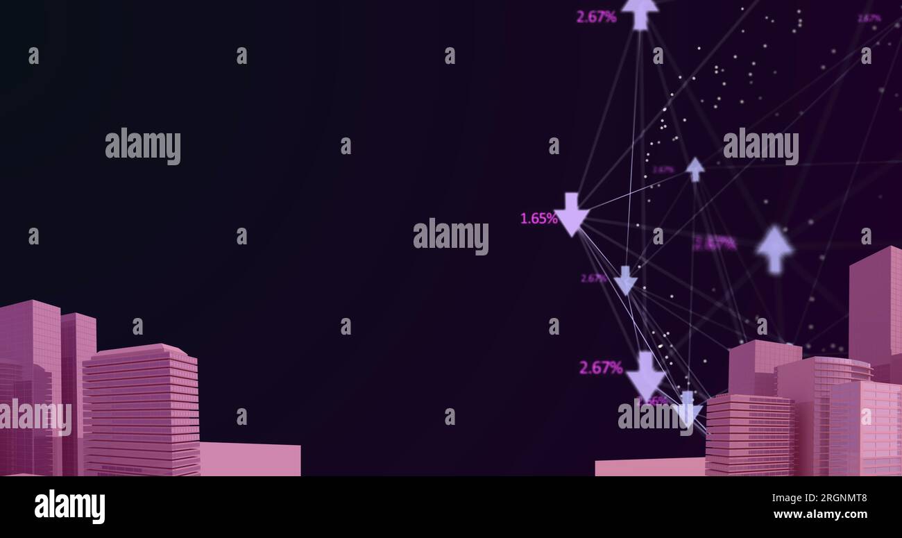 Image of digital network of connections with icons over pink 2d ...