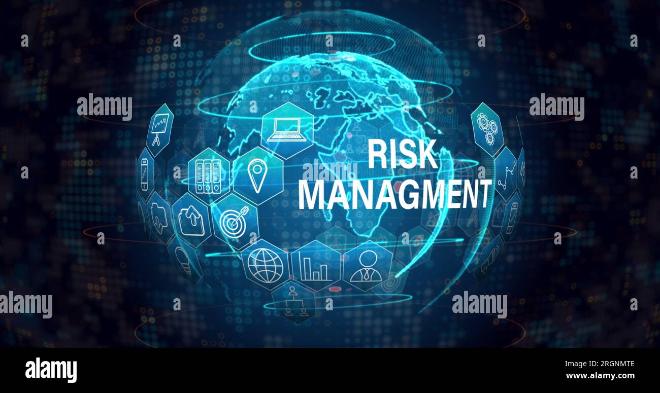 Image of risk managment text with icons over globe on black background ...