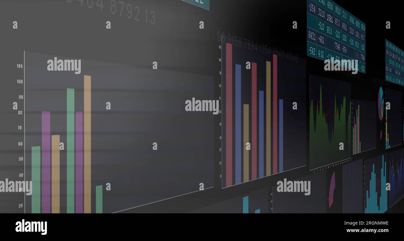 Image of multiple screens with statistical data processing against grey ...