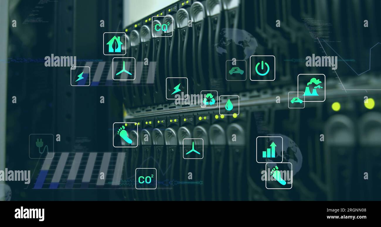 Image of eco icons over servers Stock Photo - Alamy