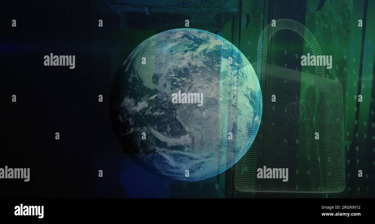 Image of globe, security padlock icon and data processing against computer server room Stock ...