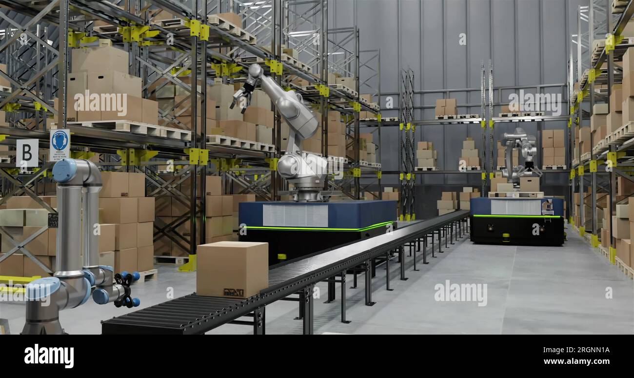 Image of robots and drones working in warehouse Stock Photo - Alamy