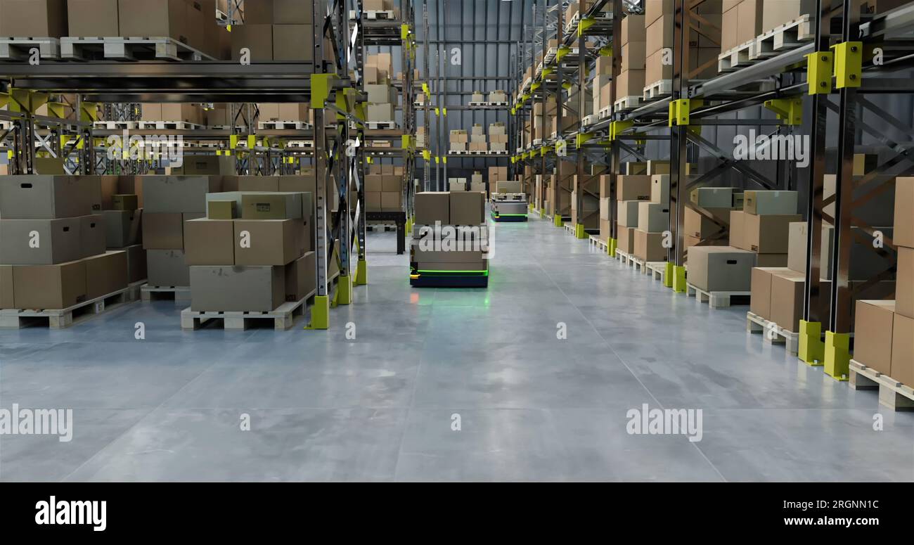 Image of robots and drones working in warehouse Stock Photo - Alamy