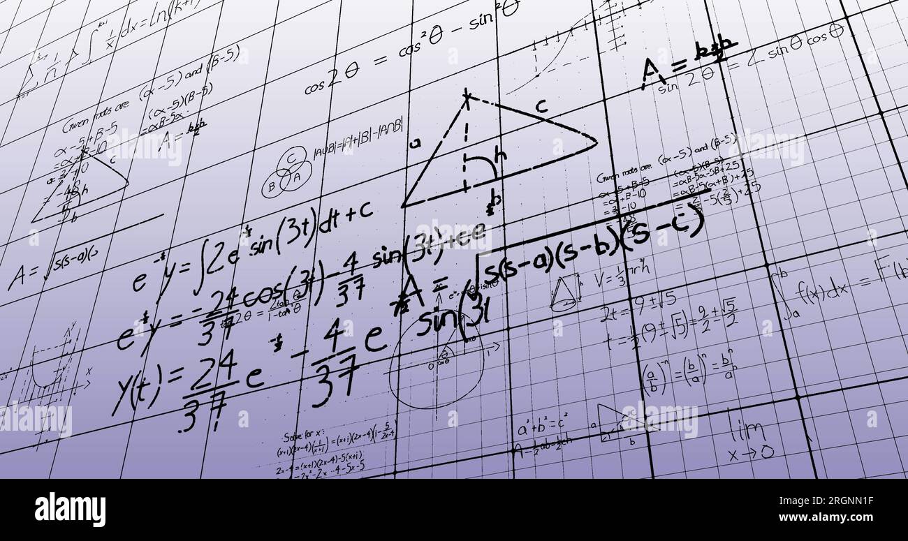 Image of mathematical equations floating over grid network against blue ...