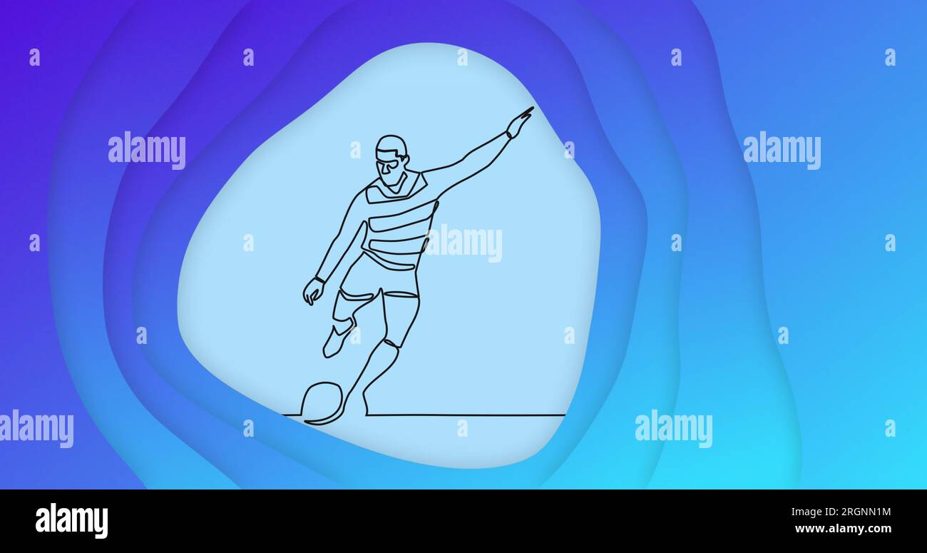 Image of drawing of male rugby player kicking ball and shapes on blue ...