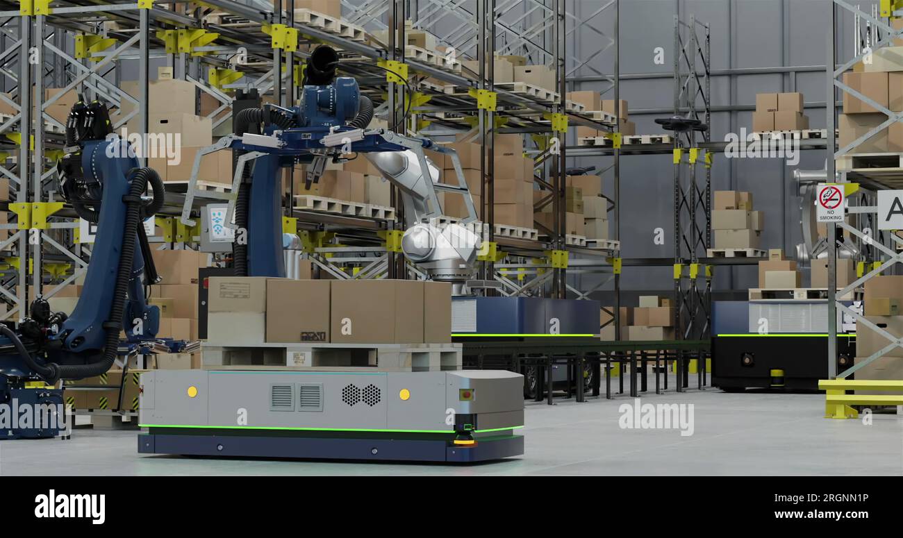 Image of robots and drones working in warehouse Stock Photo - Alamy