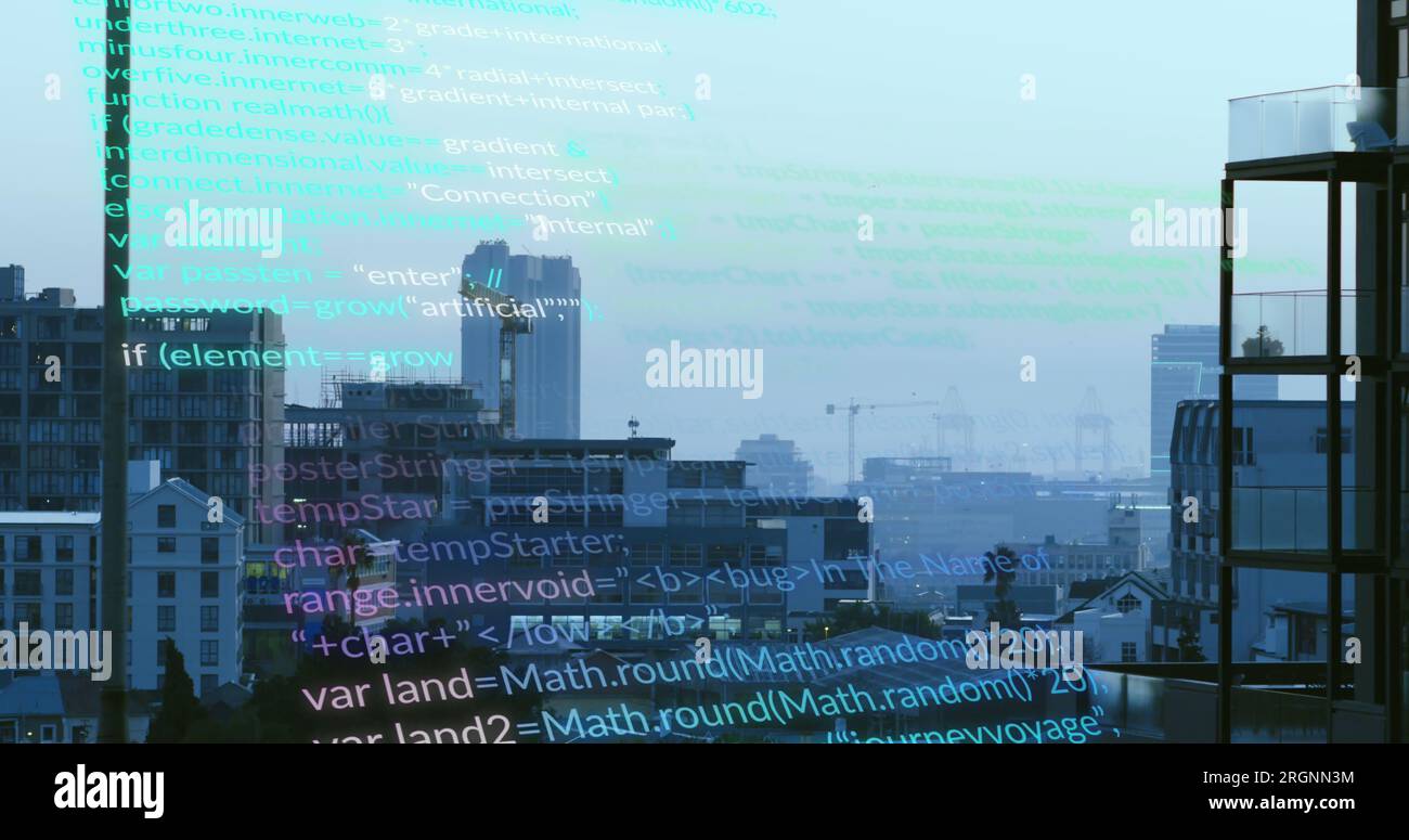 Image of computer language over modern buildings in background Stock ...