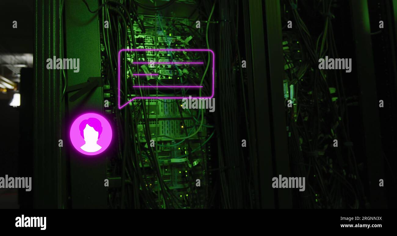 Image of profile and message icon over back panel of data server rack ...