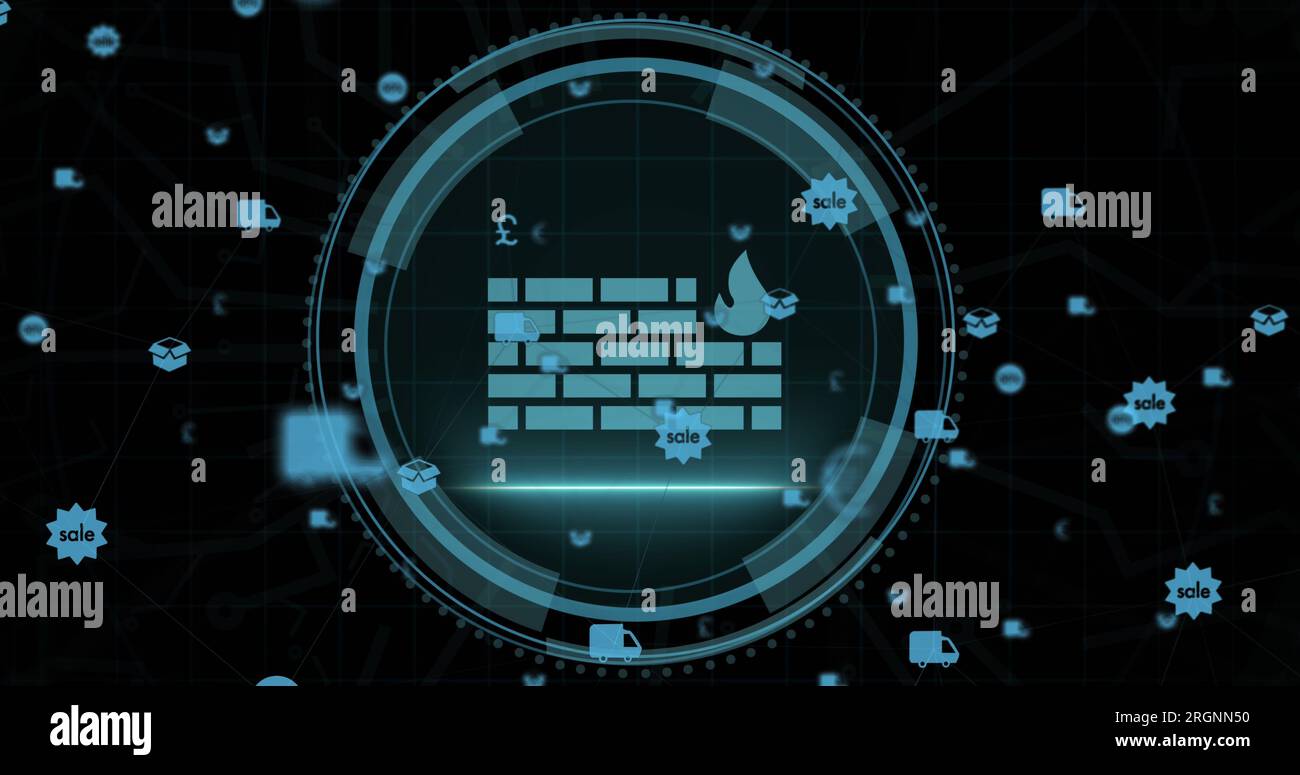 Animation of fire wall icon and network of connections with icons over ...