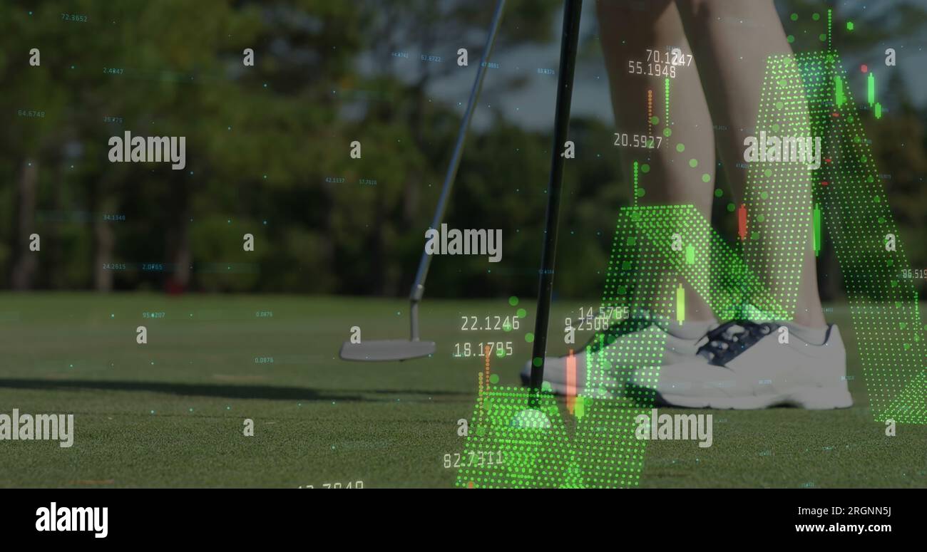 Composition of caucasian woman playing golf and data processing Stock Photo - Alamy