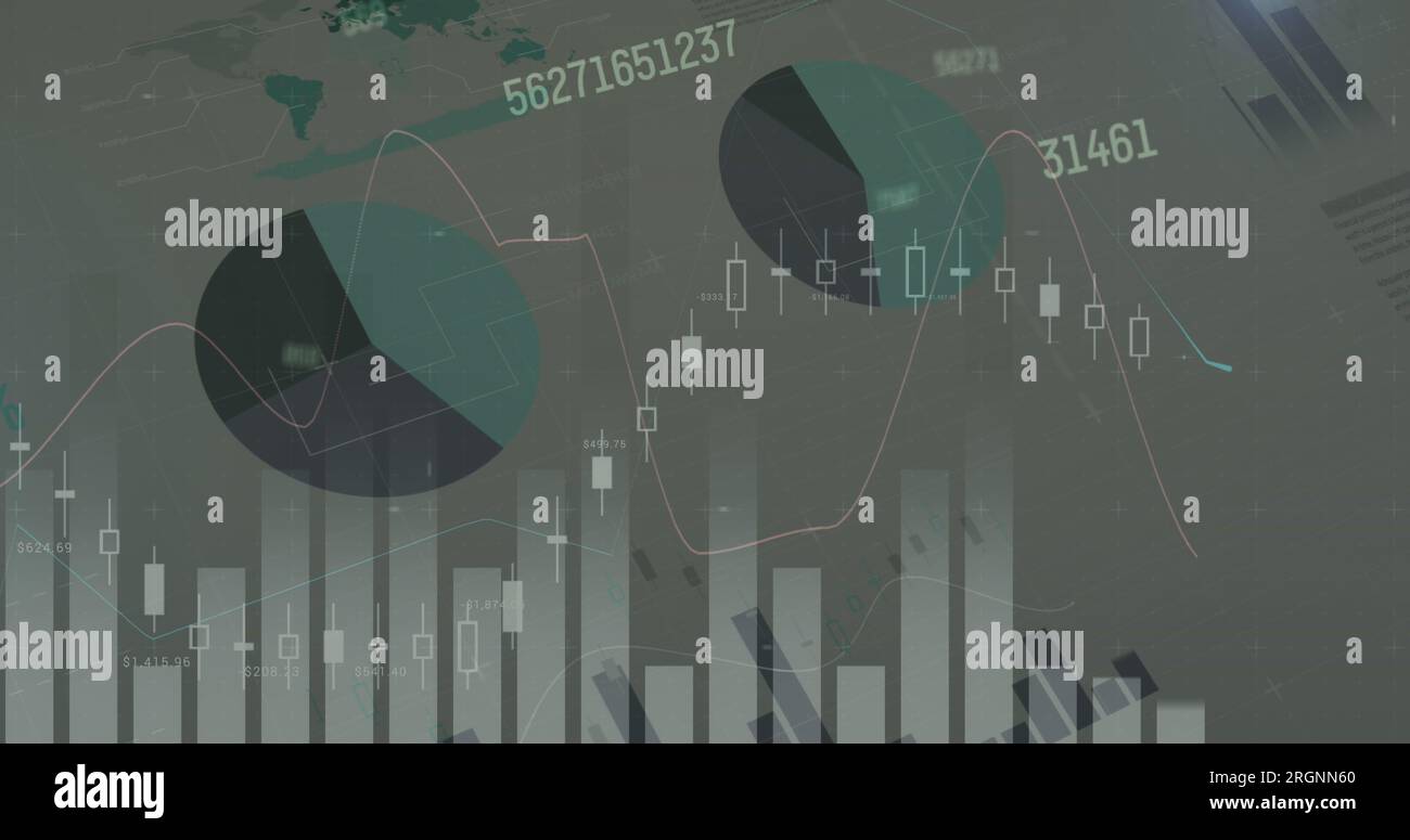 Image of changing numbers and graphs over infographic interface against gray background Stock ...