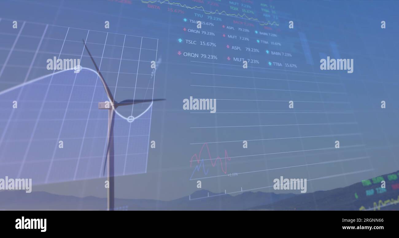 Image of financial data and graph over landscape with wind turbines ...