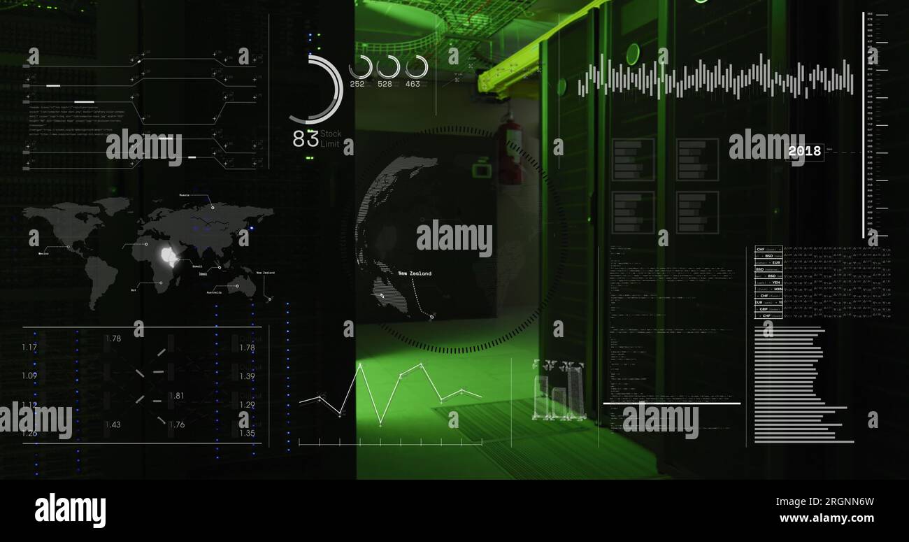 Image of hud screens with programming language, globe, map, graphs and data server racks Stock ...