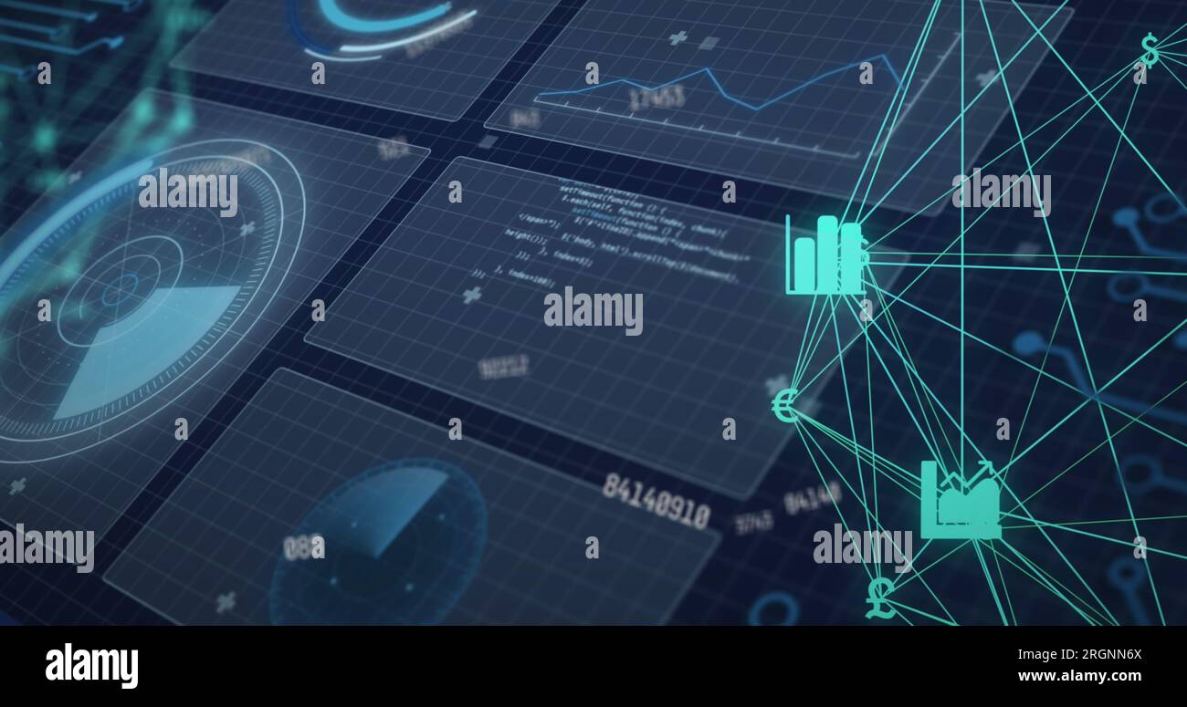 Composition of globe with connections and data processing on screens Stock Photo - Alamy