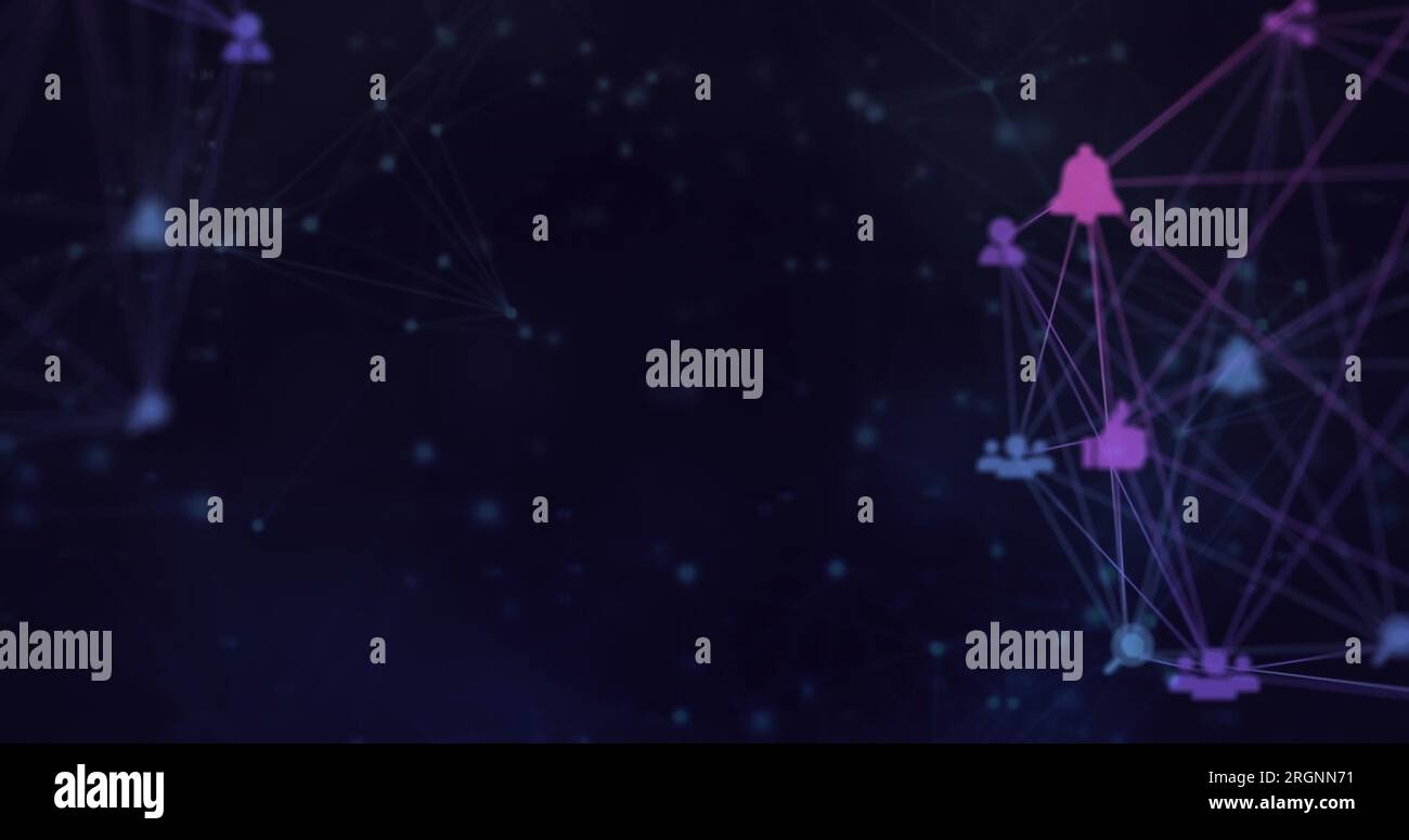 Image of connected icons and dots forming geometric shapes against abstract background Stock ...