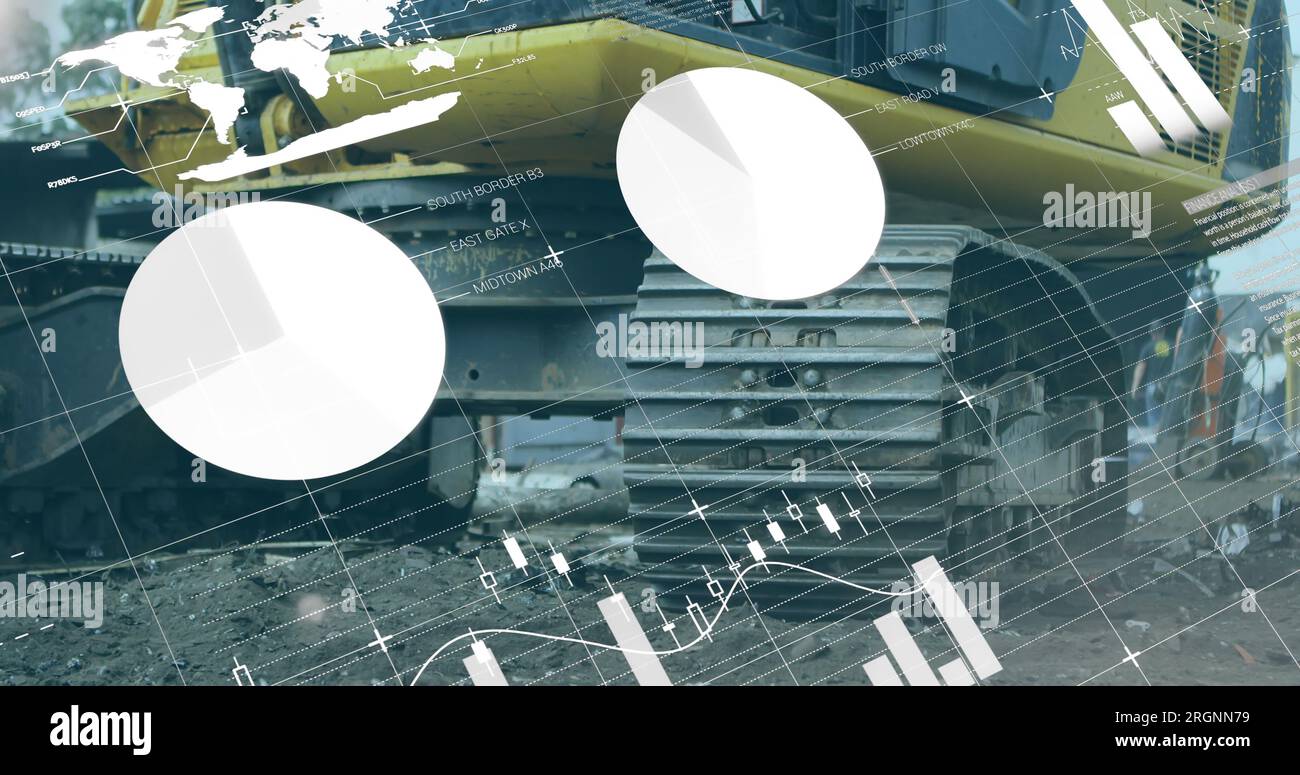 Image of infographic interface over midsection of scrap yard machinery ...