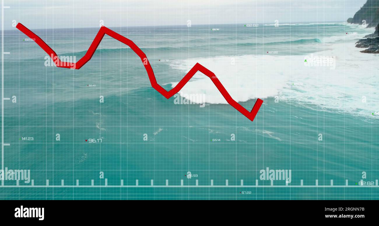 Composition of sea, red line and data processing Stock Photo - Alamy