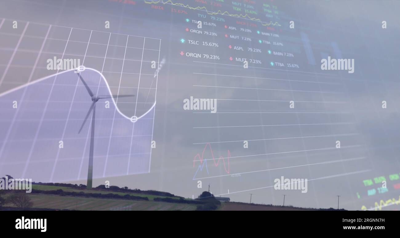 Image of financial data and graph over landscape with wind turbines ...