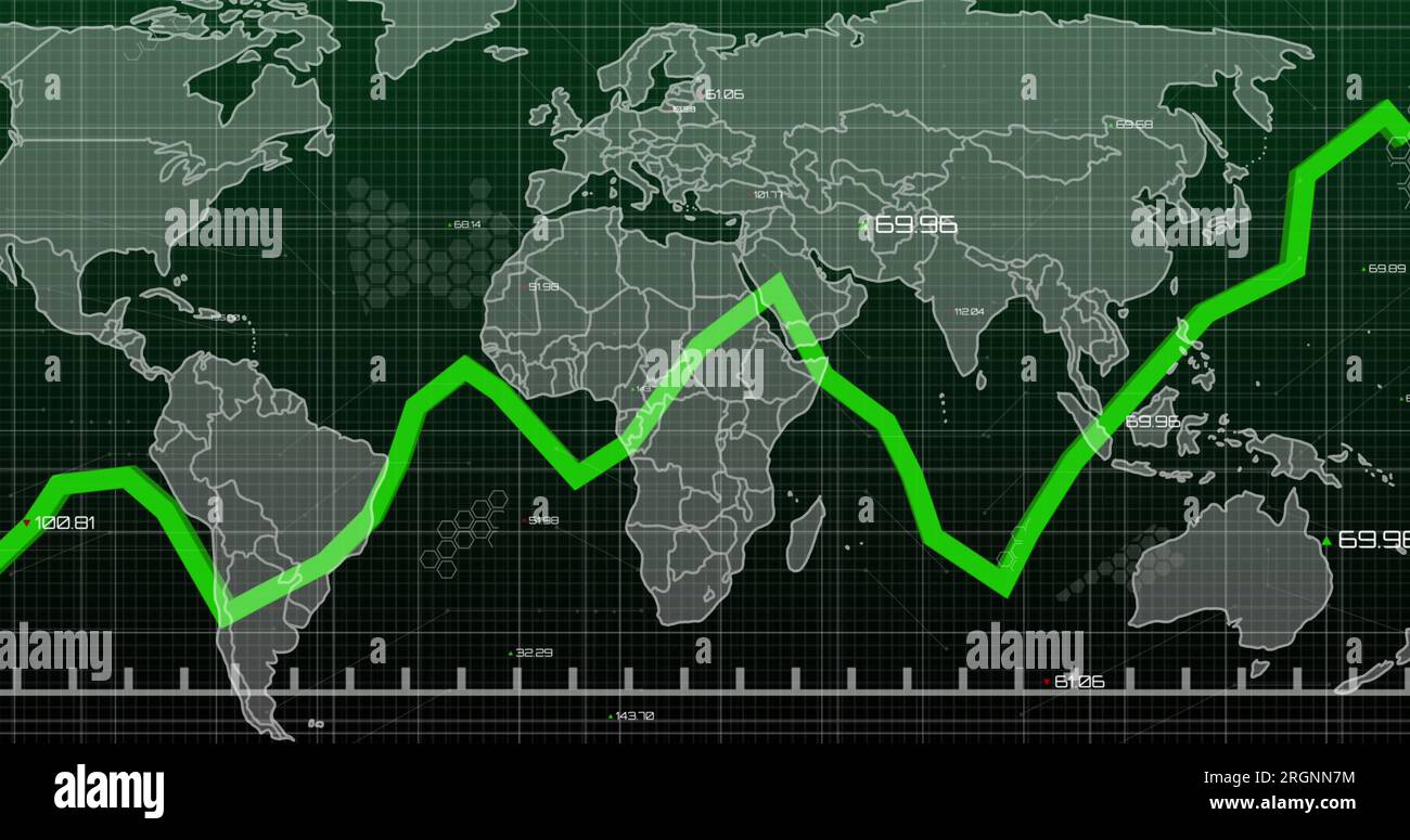 Image of statistical data processing over world map against green ...
