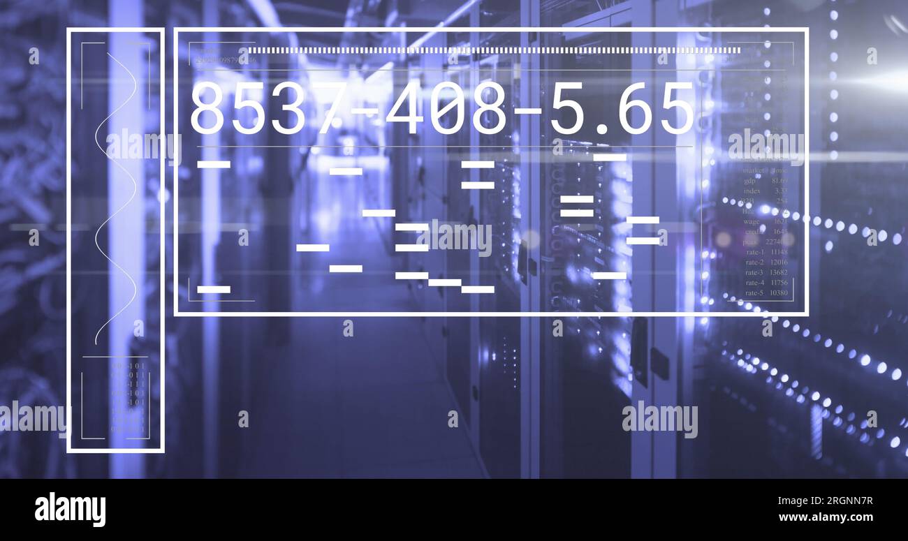 Image of screen with changing numbers and lines with lens flares over ...