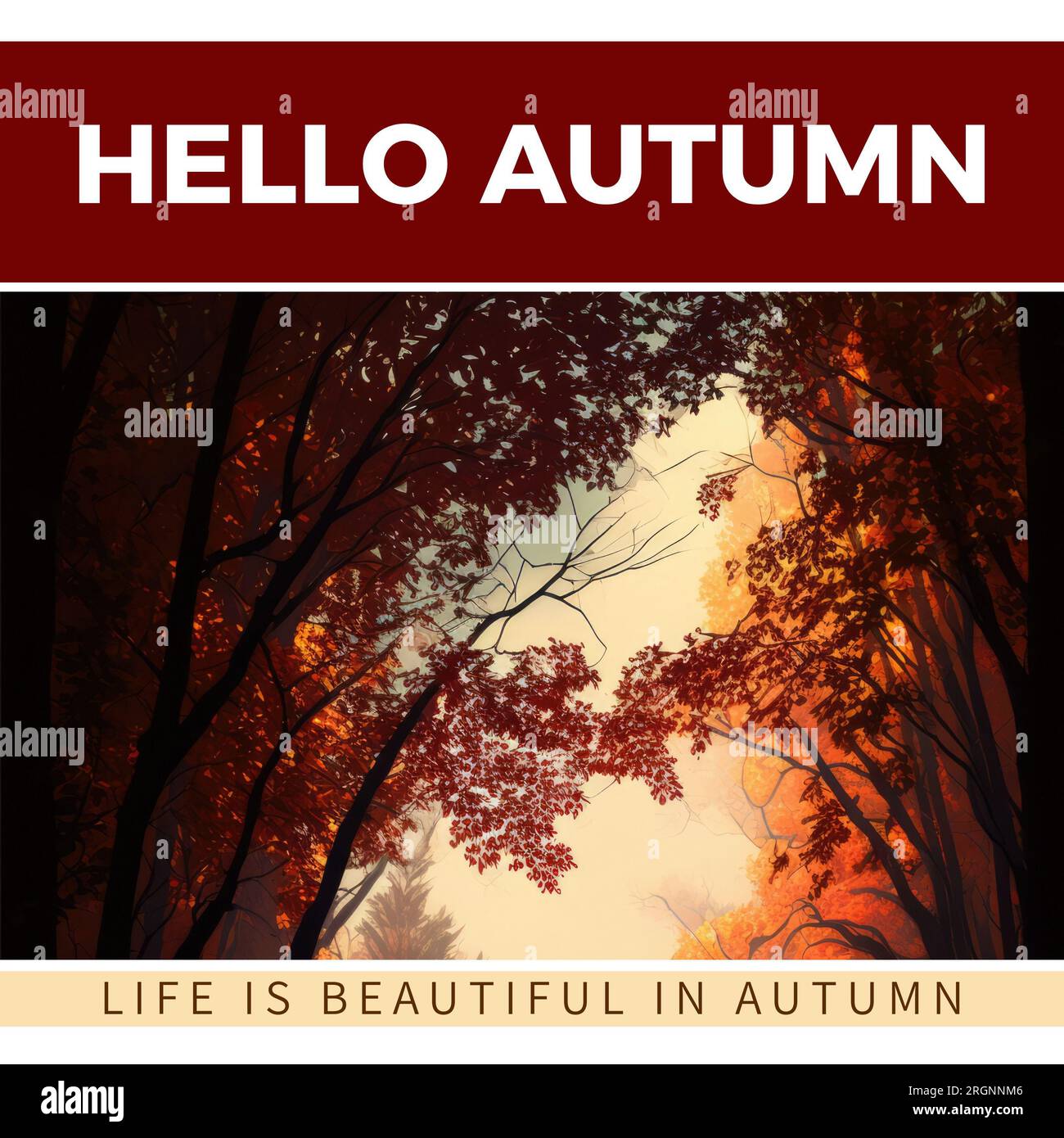 Composite of hello autumn text over autumn trees Stock Photo - Alamy