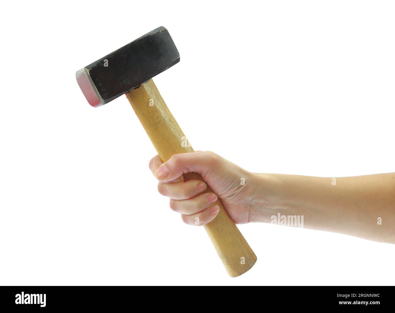 Female hand holding a hammer isolated on white transparent background ...