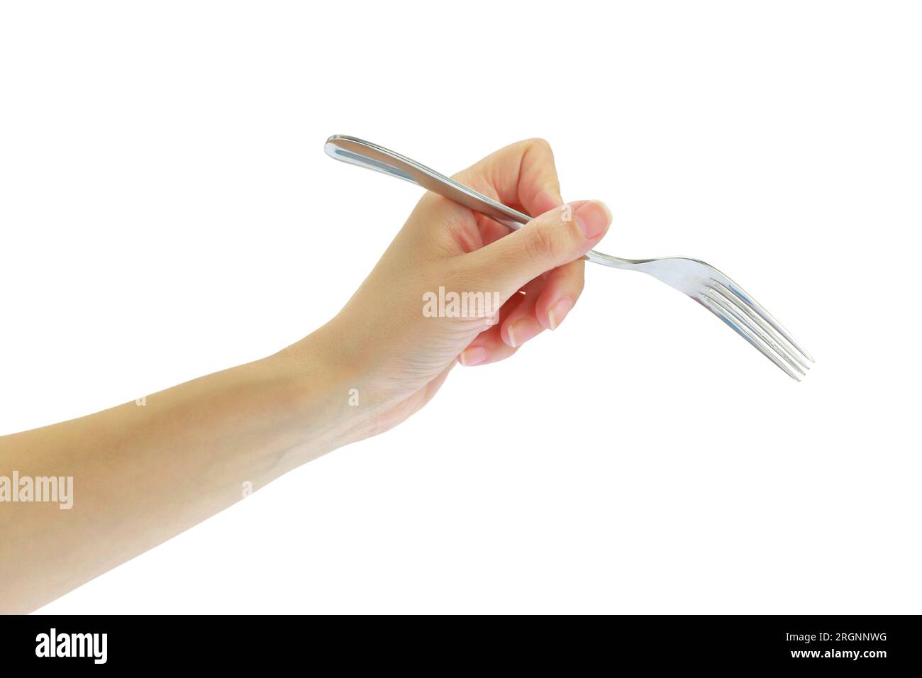 Female hand holding a fork isolated on white transparent background ...
