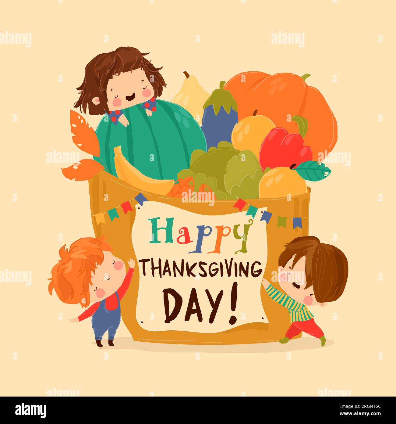 Cartoon Thanksgiving Card with Kids and Basket full Vegetables and ...